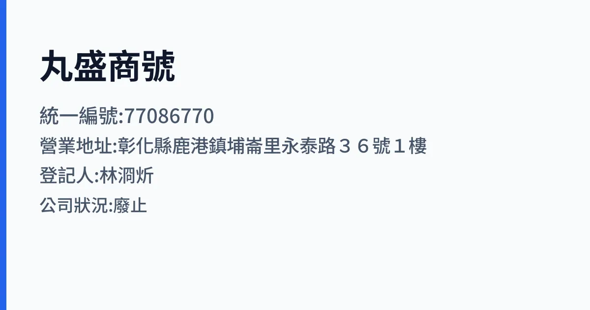 丸盛商號 - 統編 77086770(彰化縣) 公司登記資料與營業項目詳細圖表