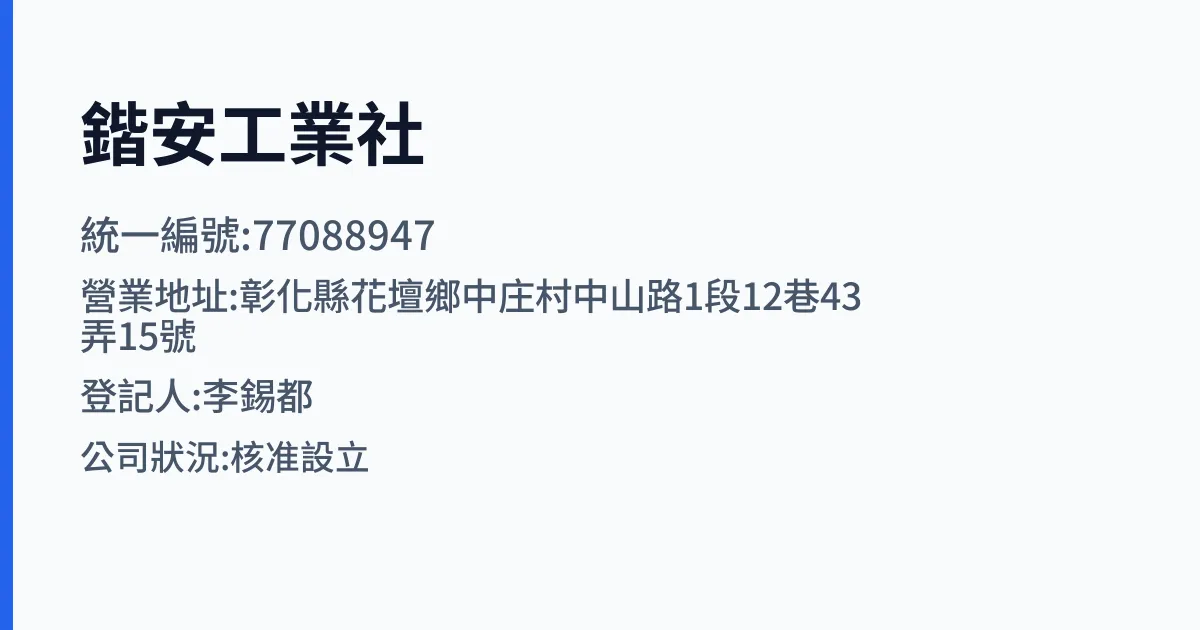 鍇安工業社 - 統編 77088947(彰化縣) 公司登記資料與營業項目詳細圖表