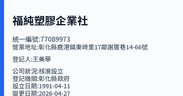 福純塑膠企業社的照片-統編 77089973(彰化縣) 公司登記資料與營業項目詳細圖表