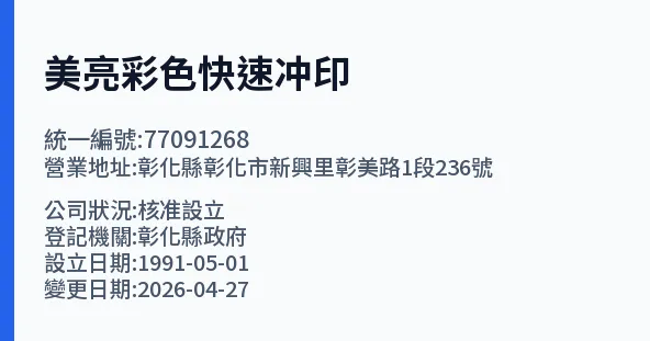 美亮彩色快速冲印的照片-統編 77091268(彰化縣) 公司登記資料與營業項目詳細圖表
