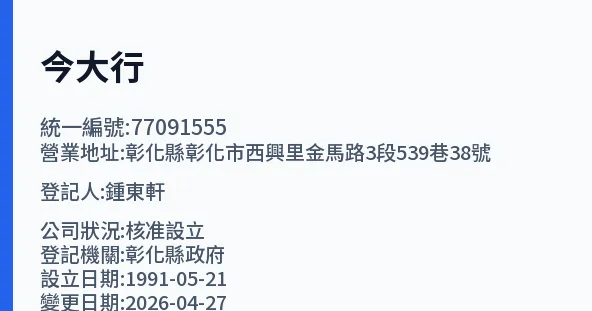 今大行的照片-統編 77091555(彰化縣) 公司登記資料與營業項目詳細圖表