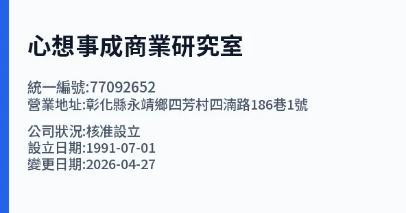 心想事成商業研究室的照片-統編 77092652(彰化縣) 公司登記資料與營業項目詳細圖表
