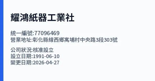 耀鴻紙器工業社的照片-統編 77096469(彰化縣) 公司登記資料與營業項目詳細圖表