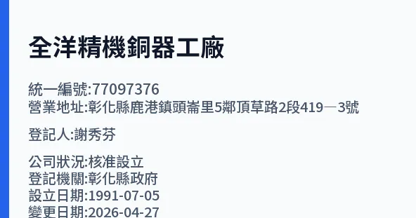 全洋精機銅器工廠的照片-統編 77097376(彰化縣) 公司登記資料與營業項目詳細圖表
