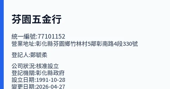 芬園五金行的照片-統編 77101152(彰化縣) 公司登記資料與營業項目詳細圖表