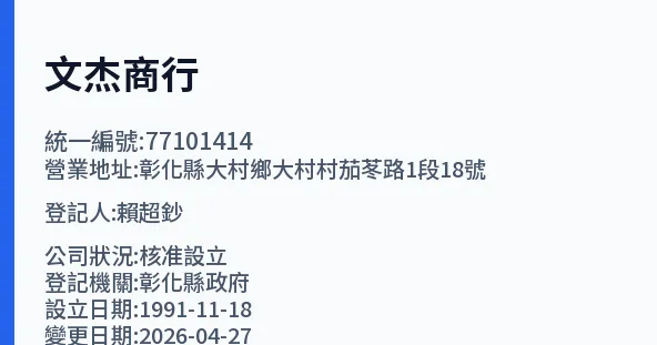 文杰商行的照片-統編 77101414(彰化縣) 公司登記資料與營業項目詳細圖表