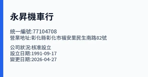 永昇機車行的照片-統編 77104708(彰化縣) 公司登記資料與營業項目詳細圖表