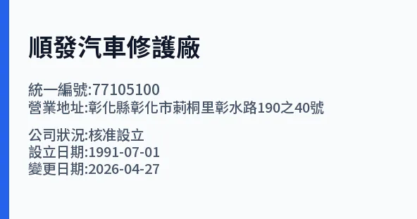 順發汽車修護廠的照片-統編 77105100(彰化縣) 公司登記資料與營業項目詳細圖表