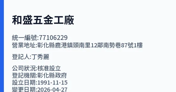 和盛五金工廠的照片-統編 77106229(彰化縣) 公司登記資料與營業項目詳細圖表