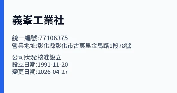 義峯工業社的照片-統編 77106375(彰化縣) 公司登記資料與營業項目詳細圖表