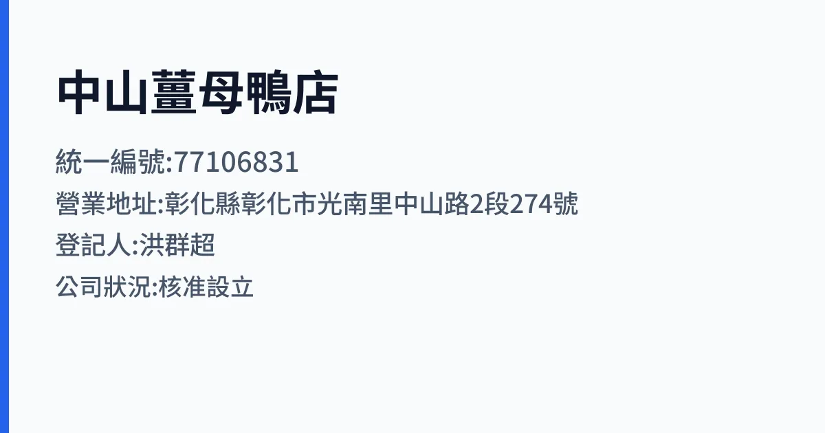 中山薑母鴨店 - 統編 77106831(彰化縣) 公司登記資料與營業項目詳細圖表