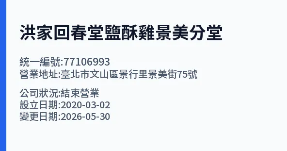 洪家回春堂鹽酥雞景美分堂的照片-統編 77106993(臺北市) 公司登記資料與營業項目詳細圖表