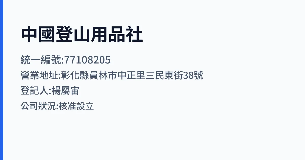 中國登山用品社 - 統編 77108205(彰化縣) 公司登記資料與營業項目詳細圖表