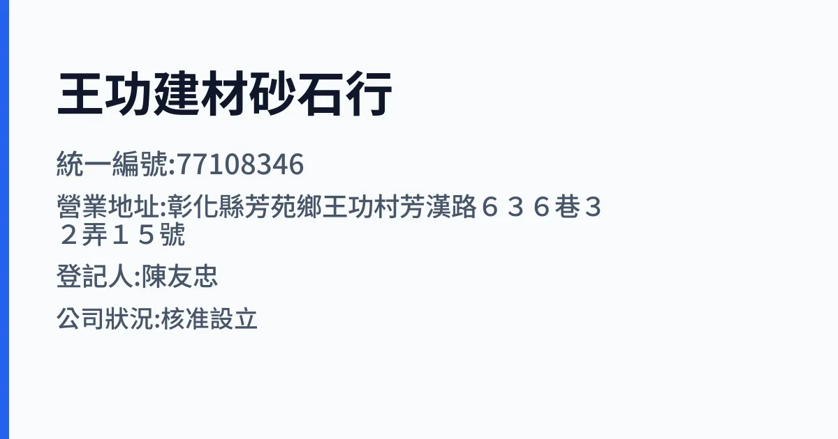 王功建材砂石行 - 統編 77108346(彰化縣) 公司登記資料與營業項目詳細圖表