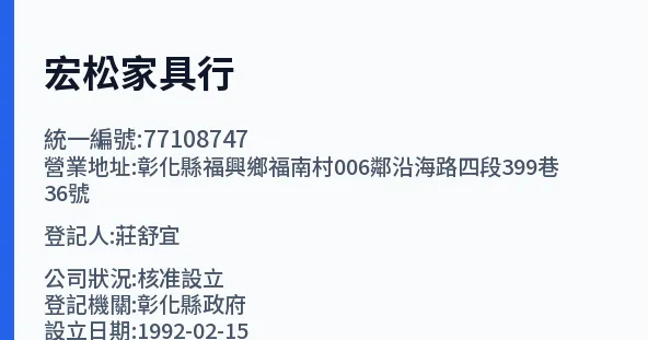 宏松家具行的照片-統編 77108747(彰化縣) 公司登記資料與營業項目詳細圖表