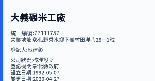 大義碾米工廠的照片-統編 77111757(彰化縣) 公司登記資料與營業項目詳細圖表