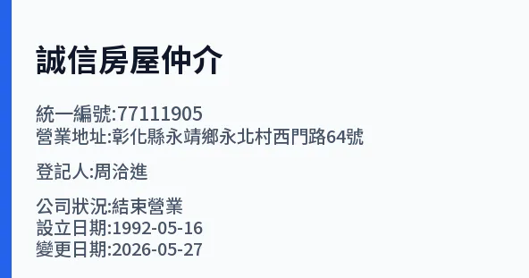 誠信房屋仲介的照片-統編 77111905(彰化縣) 公司登記資料與營業項目詳細圖表