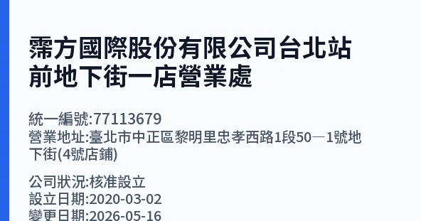 霈方國際股份有限公司台北站前地下街一店營業處的照片-統編 77113679(臺北市) 公司登記資料與營業項目詳細圖表