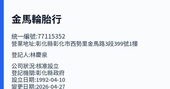 金馬輪胎行的照片-統編 77115352(彰化縣) 公司登記資料與營業項目詳細圖表