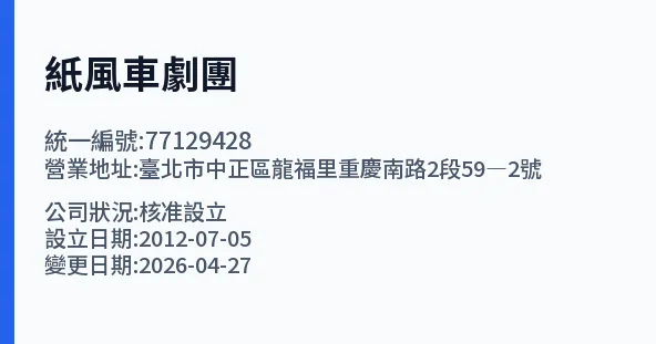 紙風車劇團的照片-統編 77129428(臺北市) 公司登記資料與營業項目詳細圖表