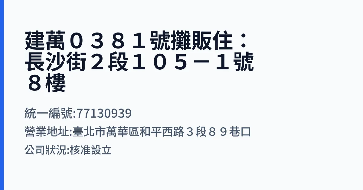 建萬０３８１號攤販住：長沙街２段１０５－１號８樓 - 統編 77130939(臺北市) 公司登記資料與營業項目詳細圖表