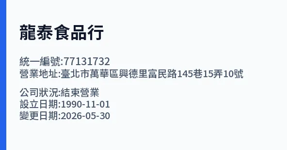 龍泰食品行的照片-統編 77131732(臺北市) 公司登記資料與營業項目詳細圖表