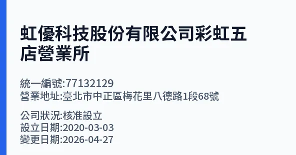 虹優科技股份有限公司彩虹五店營業所的照片-統編 77132129(臺北市) 公司登記資料與營業項目詳細圖表