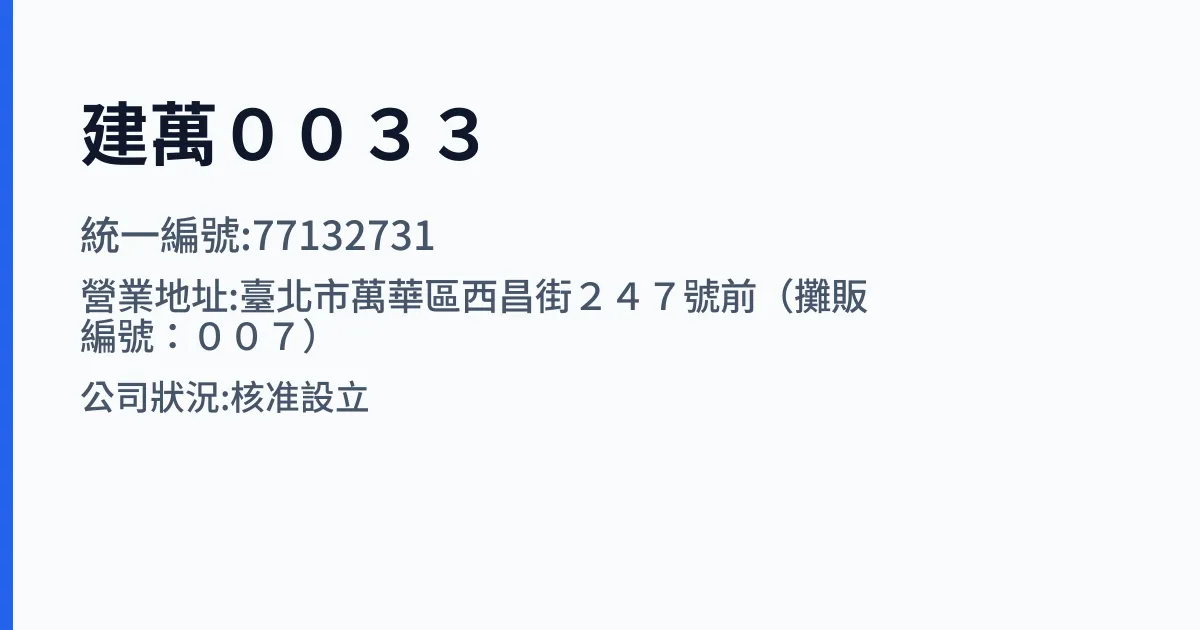 建萬００３３ - 統編 77132731(臺北市) 公司登記資料與營業項目詳細圖表