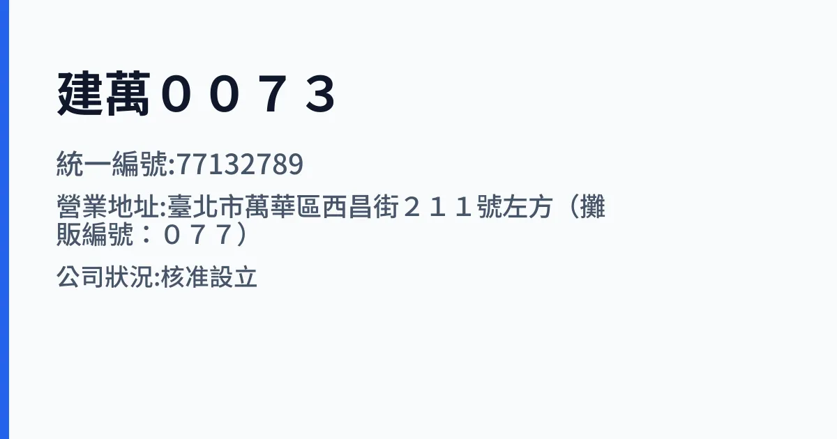 建萬００７３ - 統編 77132789(臺北市) 公司登記資料與營業項目詳細圖表