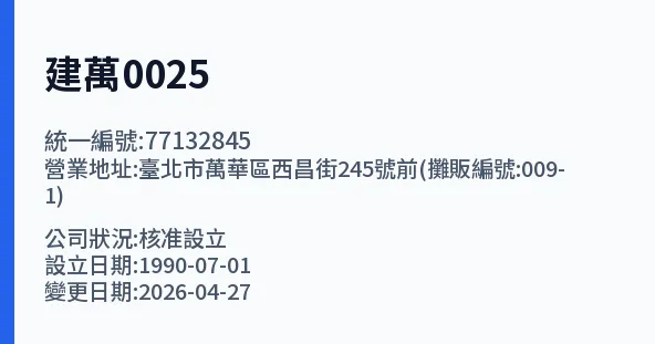 建萬0025的照片-統編 77132845(臺北市) 公司登記資料與營業項目詳細圖表