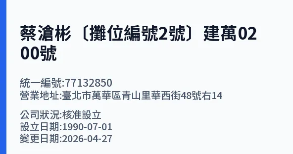 蔡滄彬〔攤位編號2號〕建萬0200號的照片-統編 77132850(臺北市) 公司登記資料與營業項目詳細圖表