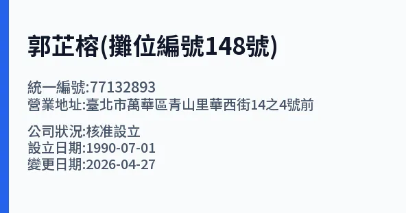 郭芷榕(攤位編號148號)的照片-統編 77132893(臺北市) 公司登記資料與營業項目詳細圖表