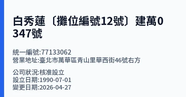 白秀蓮〔攤位編號12號〕建萬0347號的照片-統編 77133062(臺北市) 公司登記資料與營業項目詳細圖表