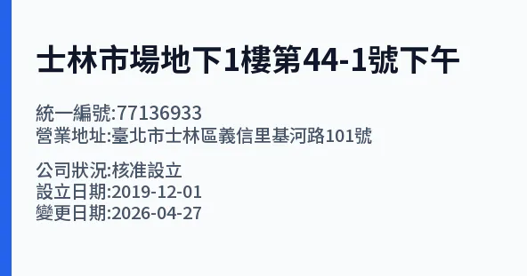士林市場地下1樓第44-1號下午的照片-統編 77136933(臺北市) 公司登記資料與營業項目詳細圖表