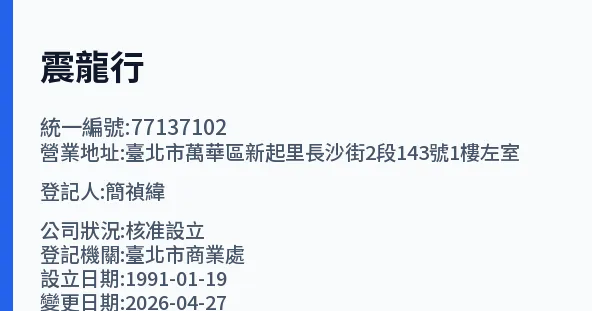 震龍行的照片-統編 77137102(臺北市) 公司登記資料與營業項目詳細圖表