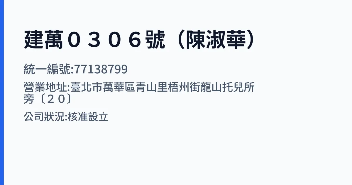 建萬0306號(陳淑華) - 統編 77138799(臺北市) 公司登記資料與營業項目詳細圖表