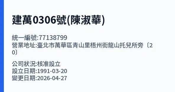 建萬0306號(陳淑華)的照片-統編 77138799(臺北市) 公司登記資料與營業項目詳細圖表
