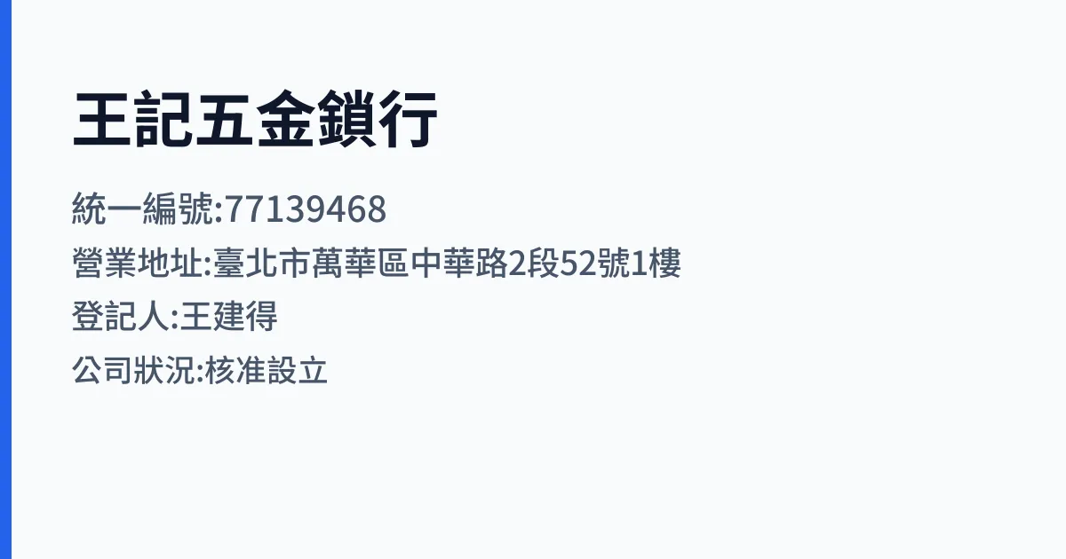 王記五金鎖行 - 統編 77139468(臺北市) 公司登記資料與營業項目詳細圖表