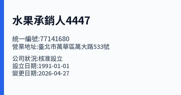 水果承銷人4447的照片-統編 77141680(臺北市) 公司登記資料與營業項目詳細圖表