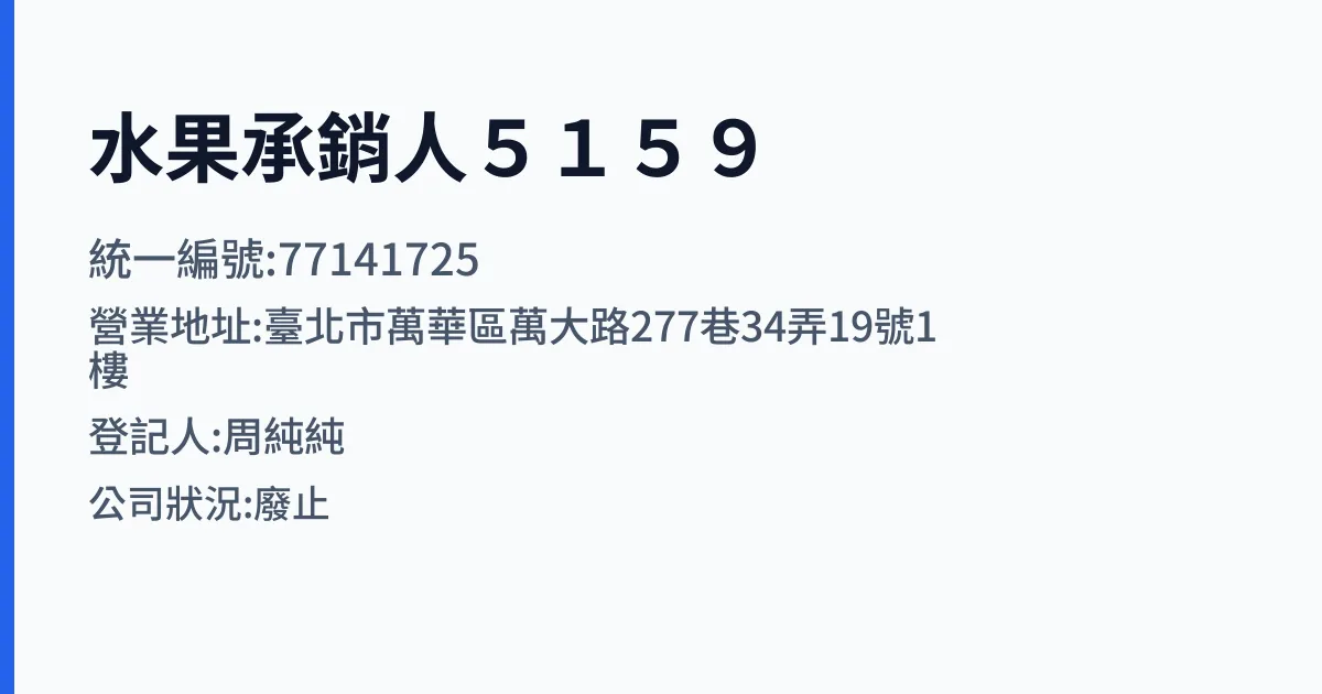 水果承銷人５１５９ - 統編 77141725(臺北市) 公司登記資料與營業項目詳細圖表