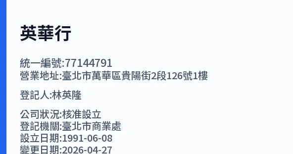 英華行的照片-統編 77144791(臺北市) 公司登記資料與營業項目詳細圖表