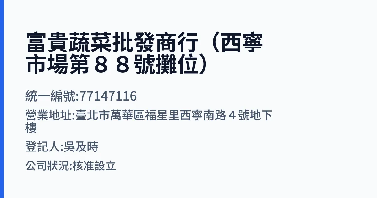 富貴蔬菜批發商行(西寧市場第88號攤位) - 統編 77147116(臺北市) 公司登記資料與營業項目詳細圖表