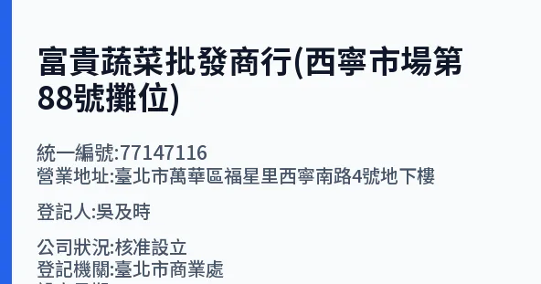 富貴蔬菜批發商行(西寧市場第88號攤位)的照片-統編 77147116(臺北市) 公司登記資料與營業項目詳細圖表