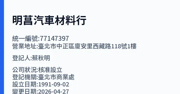 明菖汽車材料行的照片-統編 77147397(臺北市) 公司登記資料與營業項目詳細圖表