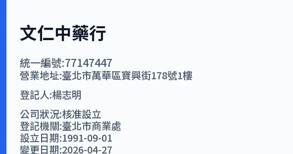 文仁中藥行的照片-統編 77147447(臺北市) 公司登記資料與營業項目詳細圖表