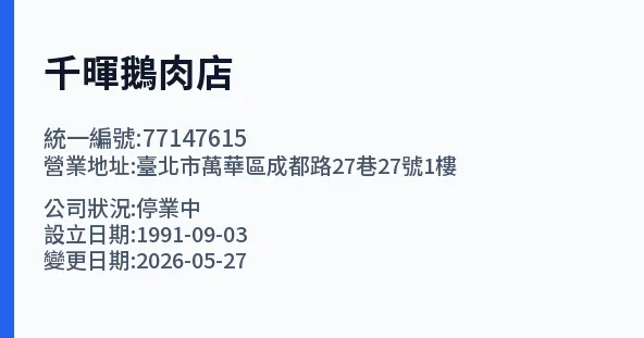 千暉鵝肉店的照片-統編 77147615(臺北市) 公司登記資料與營業項目詳細圖表
