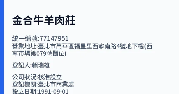 金合牛羊肉莊的照片-統編 77147951(臺北市) 公司登記資料與營業項目詳細圖表