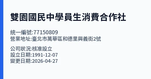 雙園國民中學員生消費合作社的照片-統編 77150809(臺北市) 公司登記資料與營業項目詳細圖表