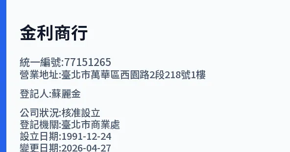 金利商行的照片-統編 77151265(臺北市) 公司登記資料與營業項目詳細圖表