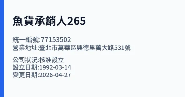 魚貨承銷人265的照片-統編 77153502(臺北市) 公司登記資料與營業項目詳細圖表